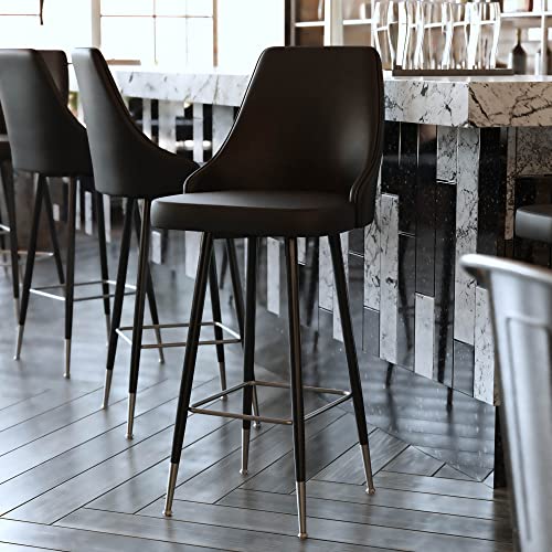 Flash Furniture Shelly Set of 2 Commercial Bar Height Bar Stools - Black LeatherSoft Upholstery - Black Metal Frames - 30" High - Chrome Feet and Footrests