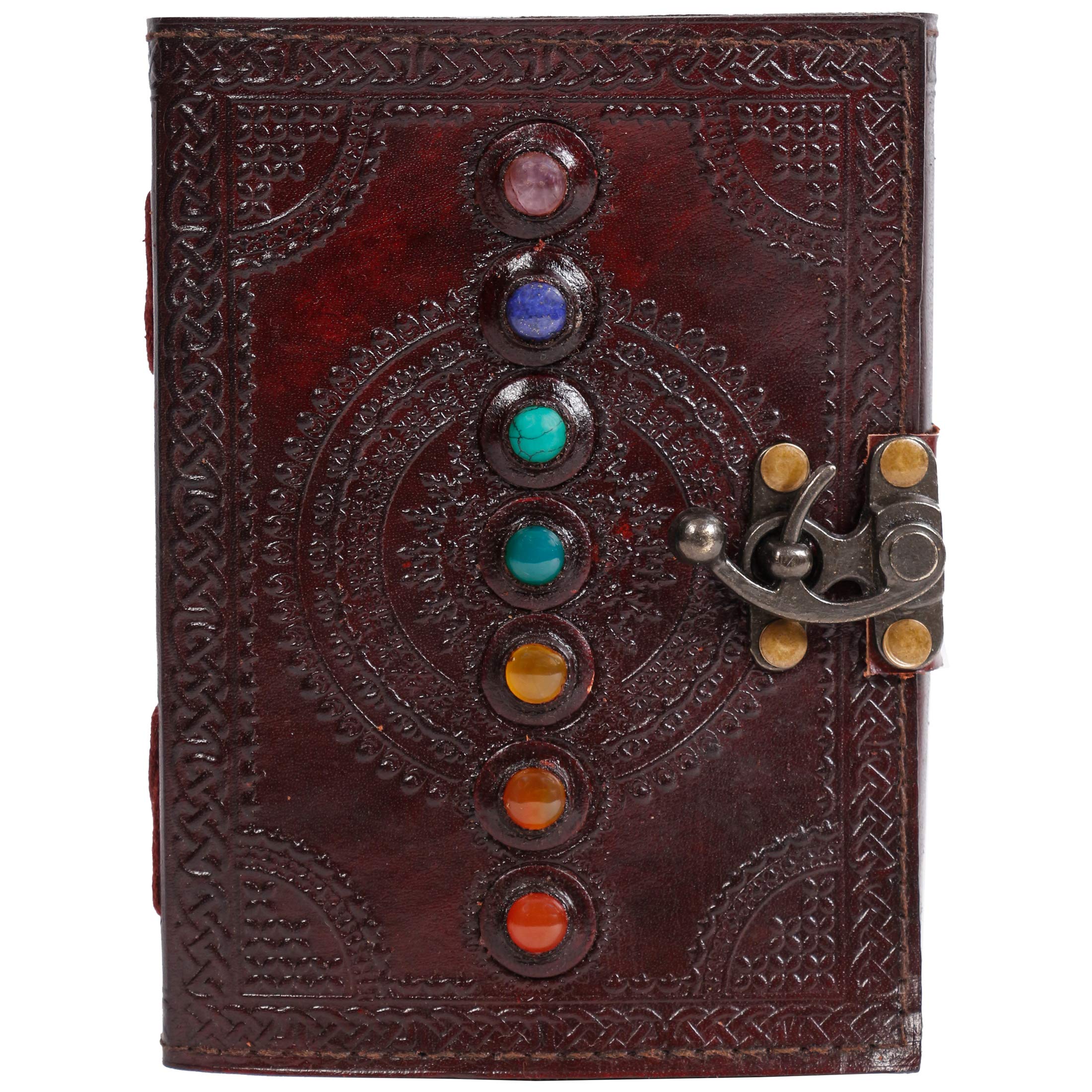 Blank spell book of shadows journal with lock clasp prop vintage handmade leather seven stone diary embossed seven chakra prayer pagan antique witchcraft wiccan notebook daily 7 x 5 Inches.
