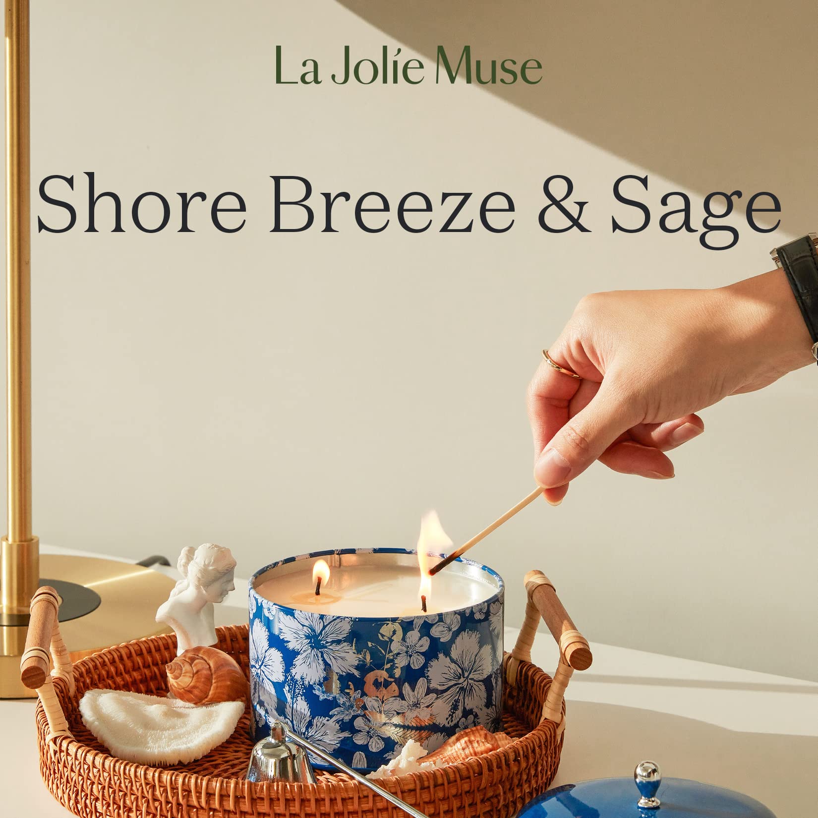 LA JOLIE MUSE Shore Breeze & Sage Scented Candle, 14.1 oz Large Candles Gifts for Women, 2 Wicks Candle for Home Scented, 50 Hours Long Burning