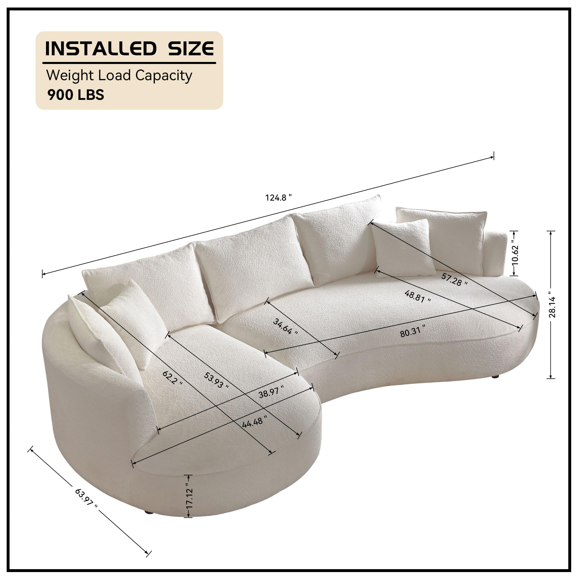 DREAMODERN 124.8" Boucle Fabric Curved Sofa Couch for Living Room, Sectional Sofa Couch Contemporary Upholstered 4 Seat Couch for Office Apartment - Left Chaise Lounge, Beige