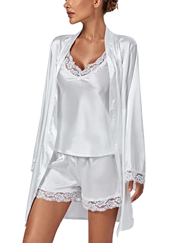 LYANER Women's 3pcs Sleepwear Silk Satin V Neck Lace Trim Cami Top and Shorts Pajama Set with Robe White Small