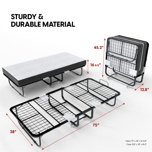 EconoHome Folding Bed with Mattress - 75x38 Twin Size Bed Frame - Portable Foldable Roll Away Adult Bed for Guest - 5-inch Thick, Memory Foam, Twin - Space Saving Fold Up Bed for Easy Storage