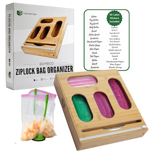 Kitchen Drawer Ziplock Bag Organizer with Foil Wrap Dispenser and Cutter | Bamboo Ziplock Bag Organizer for Drawer | Baggie Organizer Compatible with Snack, Slider, Quart, Gallon, Sandwich Bag Sizes