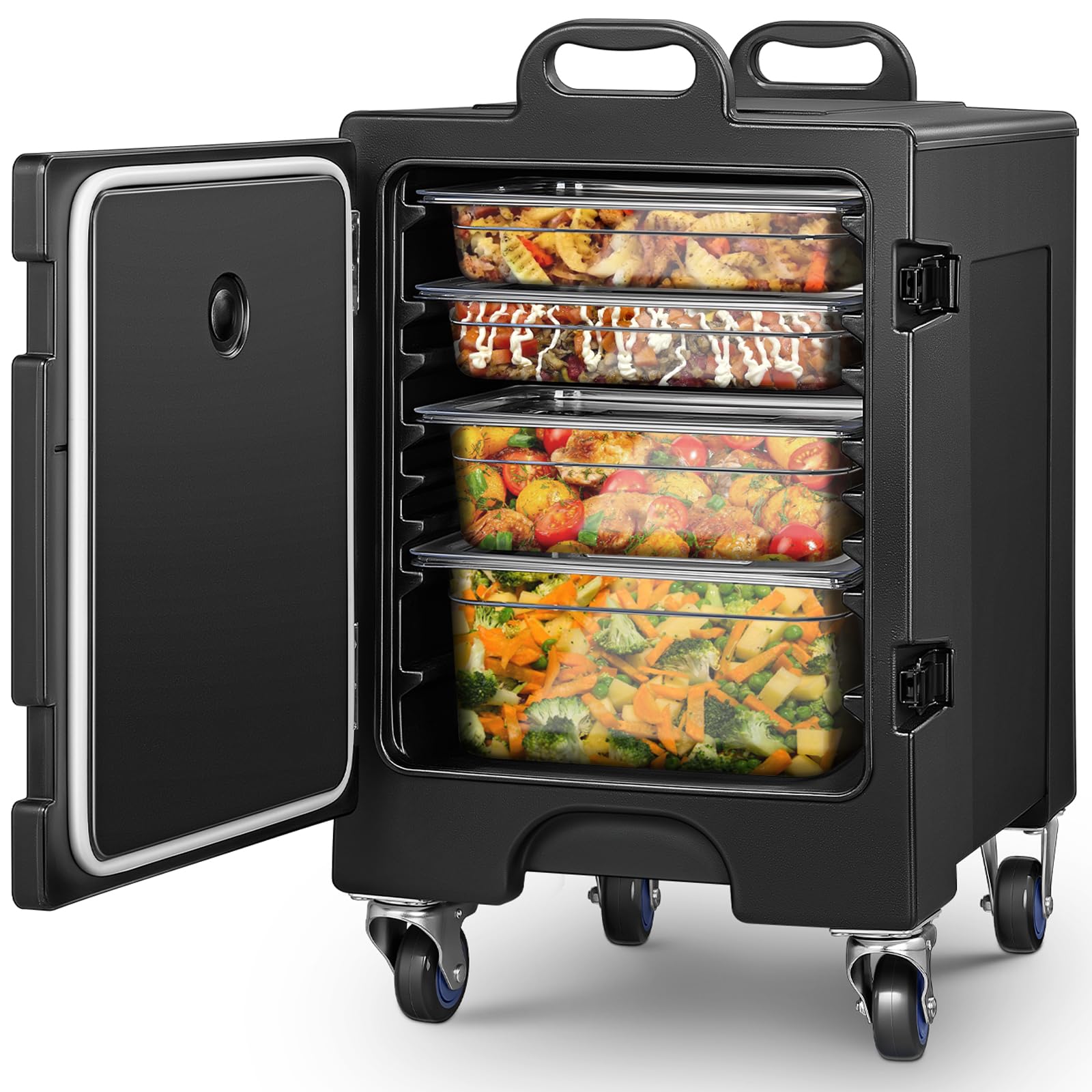 Catering Food Warmer, 82Qt Front Loading Hot Box for Catering, LLDPE Insulated Food Pan Carrier for 5 Full-Size Pan, w/Wheels, Stackable, Handles, Hot Box Food Warmer Ideal for Canteen, Restaurant