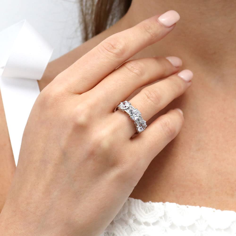 BERRICLE Sterling Silver 3-Stone Wedding Engagement Rings Round Cubic Zirconia CZ Statement Art Deco Ring for Women, Rhodium Plated Size 7