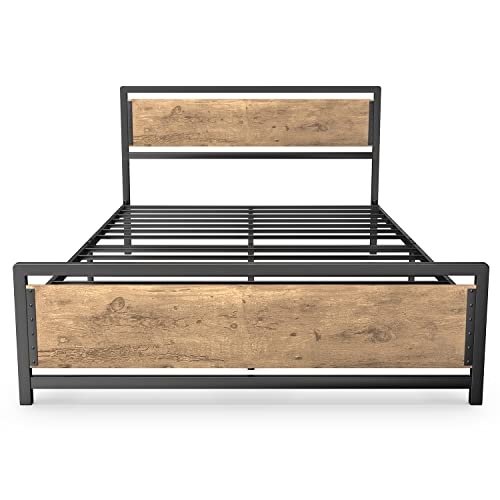 Gizoon Queen Size Bed Frame, Heavy Duty Platform Metal Bed with Headboard with Rivet, No Box Spring Needed, 15 Strong Metal Slats Support & 11'' Under-Bed Storage, No Noise, Easy Assembly, Retro