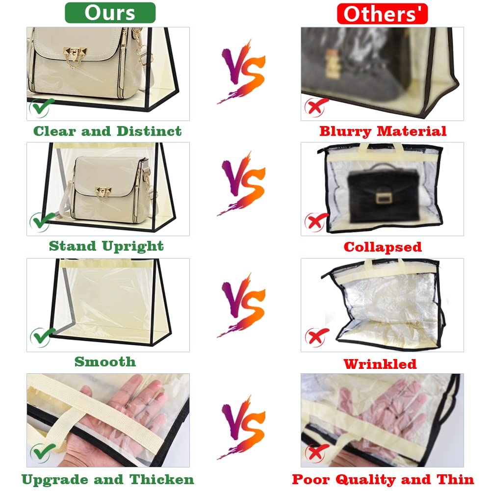 BZCTAH 9 Packs Purse Organizer for Closet Purse Storage Organizer Clear Handbag Storage Organizer Dust Bags for Handbags with with Zipper, Handles, 9 S-Shaped Hooks