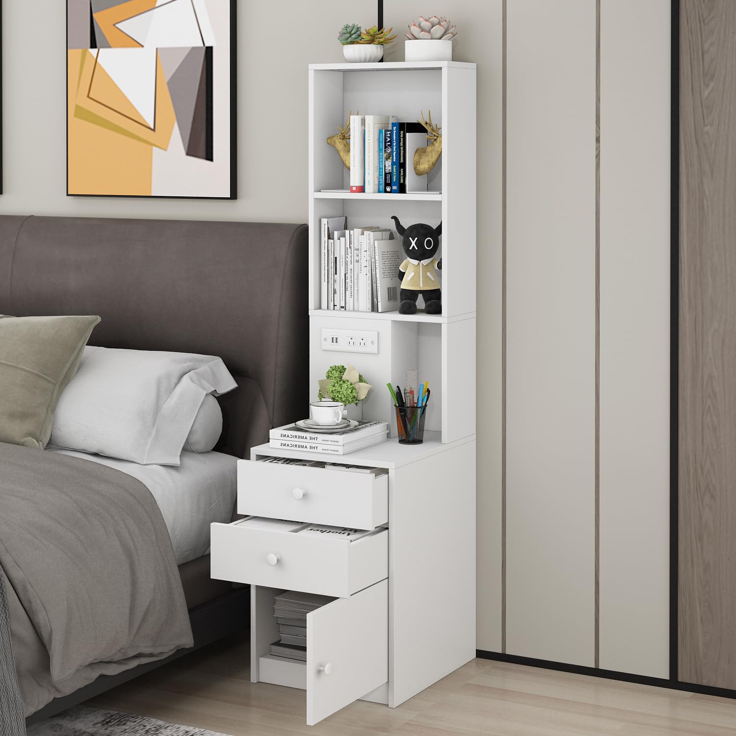 CATMANOR White Nightstand with Charging Station, Bed Side Table/Night Stand with Drawers, Bedside Table with Open Shelf Storage, Tall End Table for Bedroom Living Room 7R3