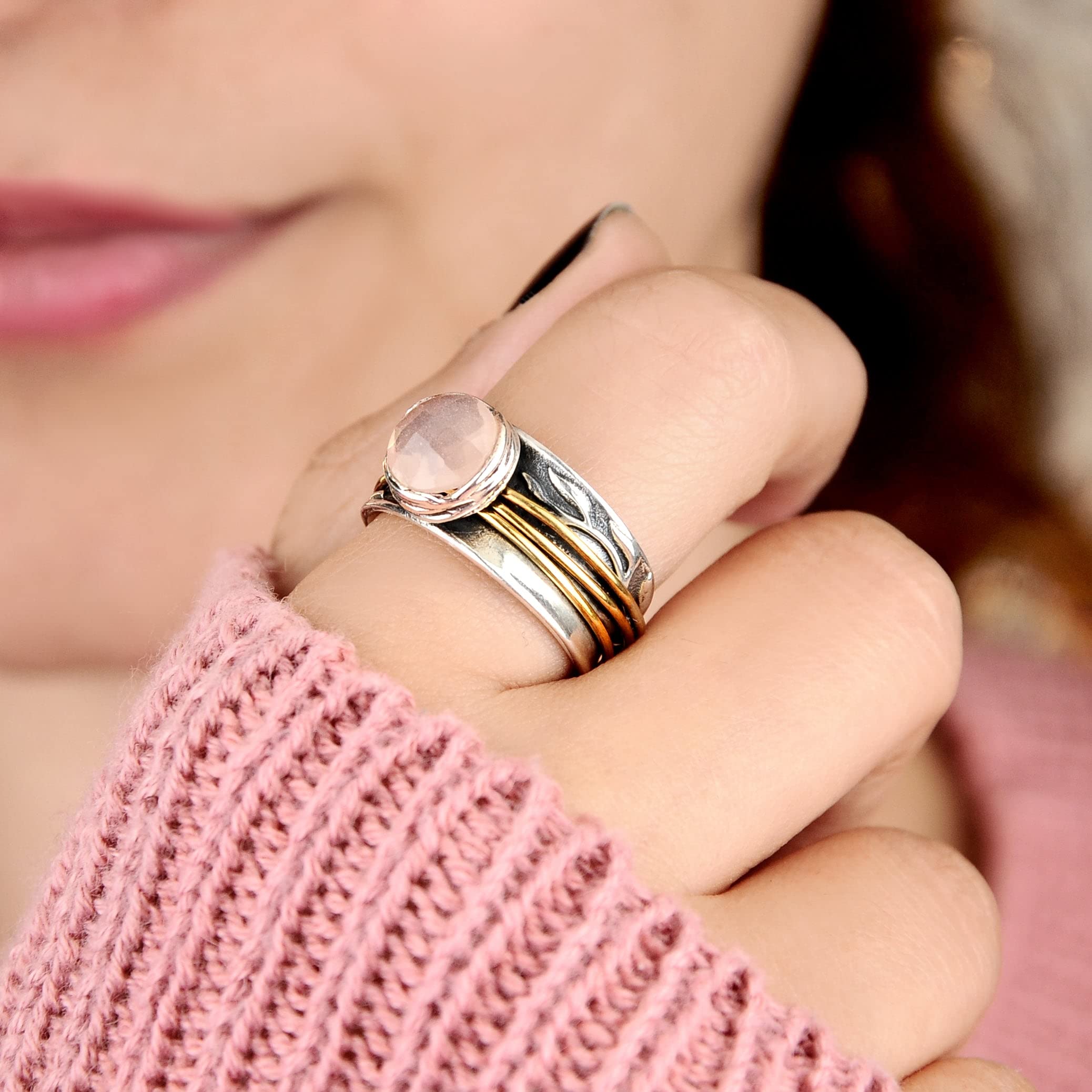 Boho-Magic 925 Sterling Silver Rose Quartz Leaf Spinner Fidget Ring for Women Pink Gemstone (10)