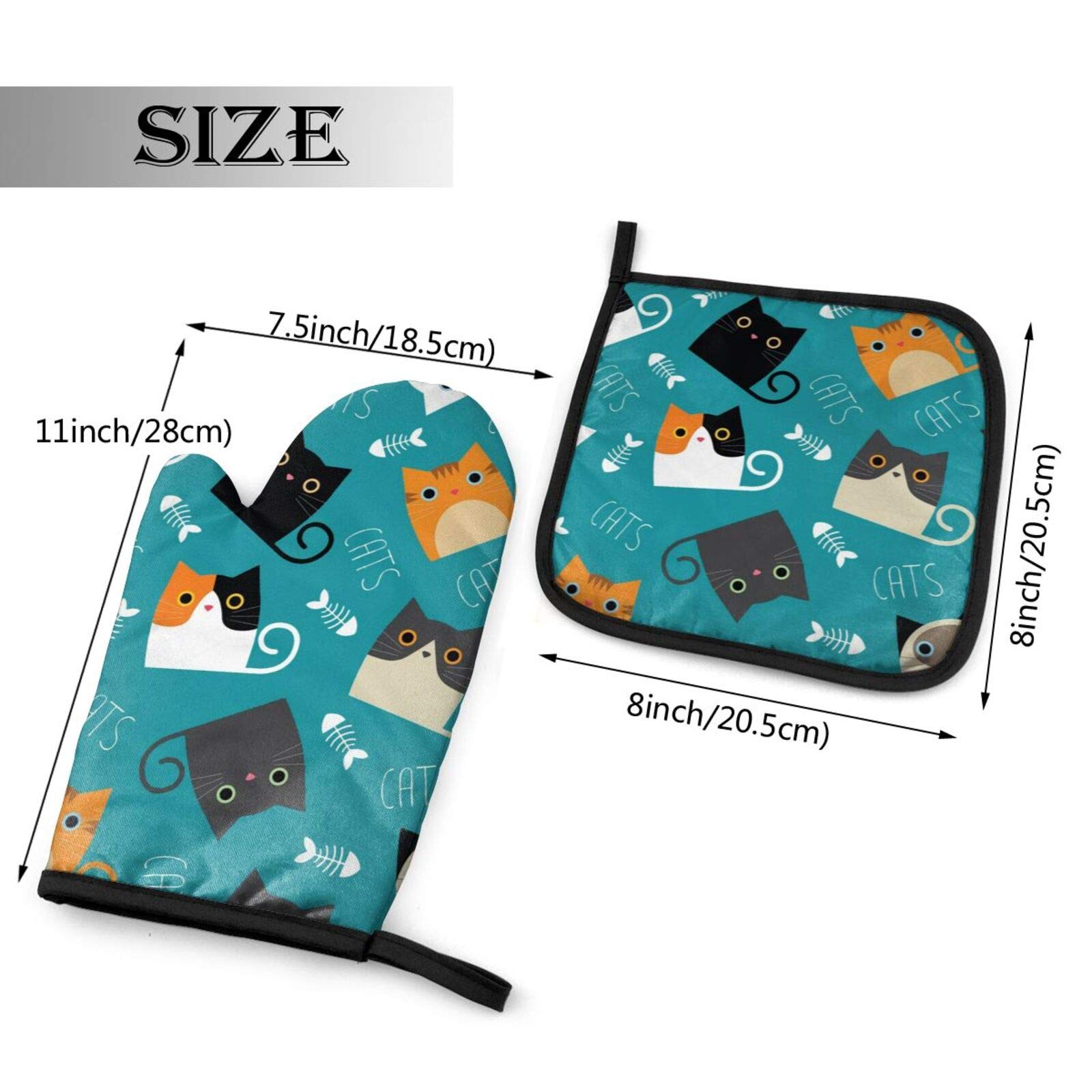 Cats Fishbone Oven Mitts and Pot Holders Set, Heat Resistant Kitchen Gloves with Inner Cotton Layer for Cooking Baking Grilling
