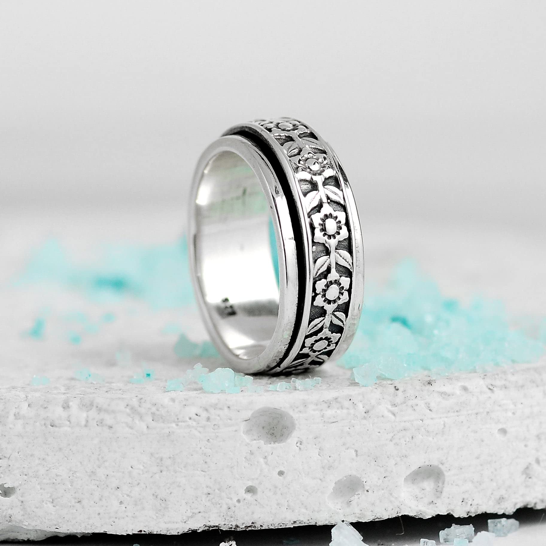 Boho-Magic 925 Sterling Silver Flowers Spinner Fidget Ring for Women (7.5)