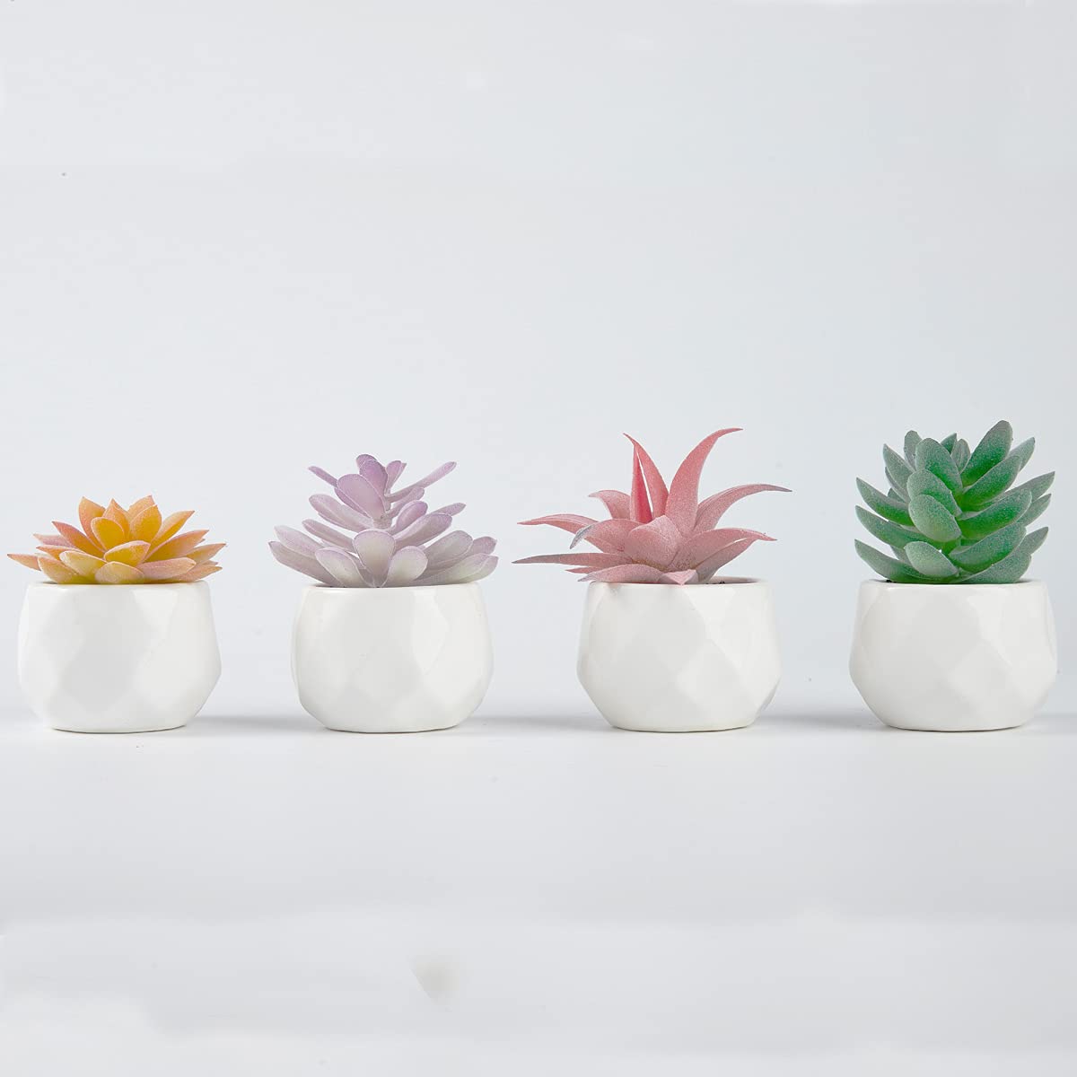 Set of 4 Mini Artificial Succulent Plants with White Geometric Ceramic Planters Faux Succulent for Bedroom Bathroom Bookshelf Office,Wedding Home Garden Decor(red/Green/Orange Yellow/Purple)