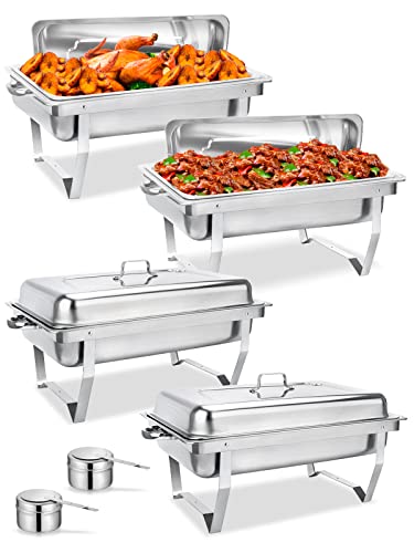 PURECHO Rectangular Chafing Dish Buffet Set, 4 Pack 8 Qt, Stainless Steel Chafer Full Size, Catering Food Warmer with Folding Frame, Ideal for Parties, Wedding, Festival Gathering