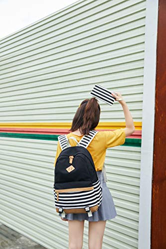 Gazigo Girls School Backpack Causal Canvas Stripe Backpack Cute Teen Backpacks For Girls School Bag (Black)