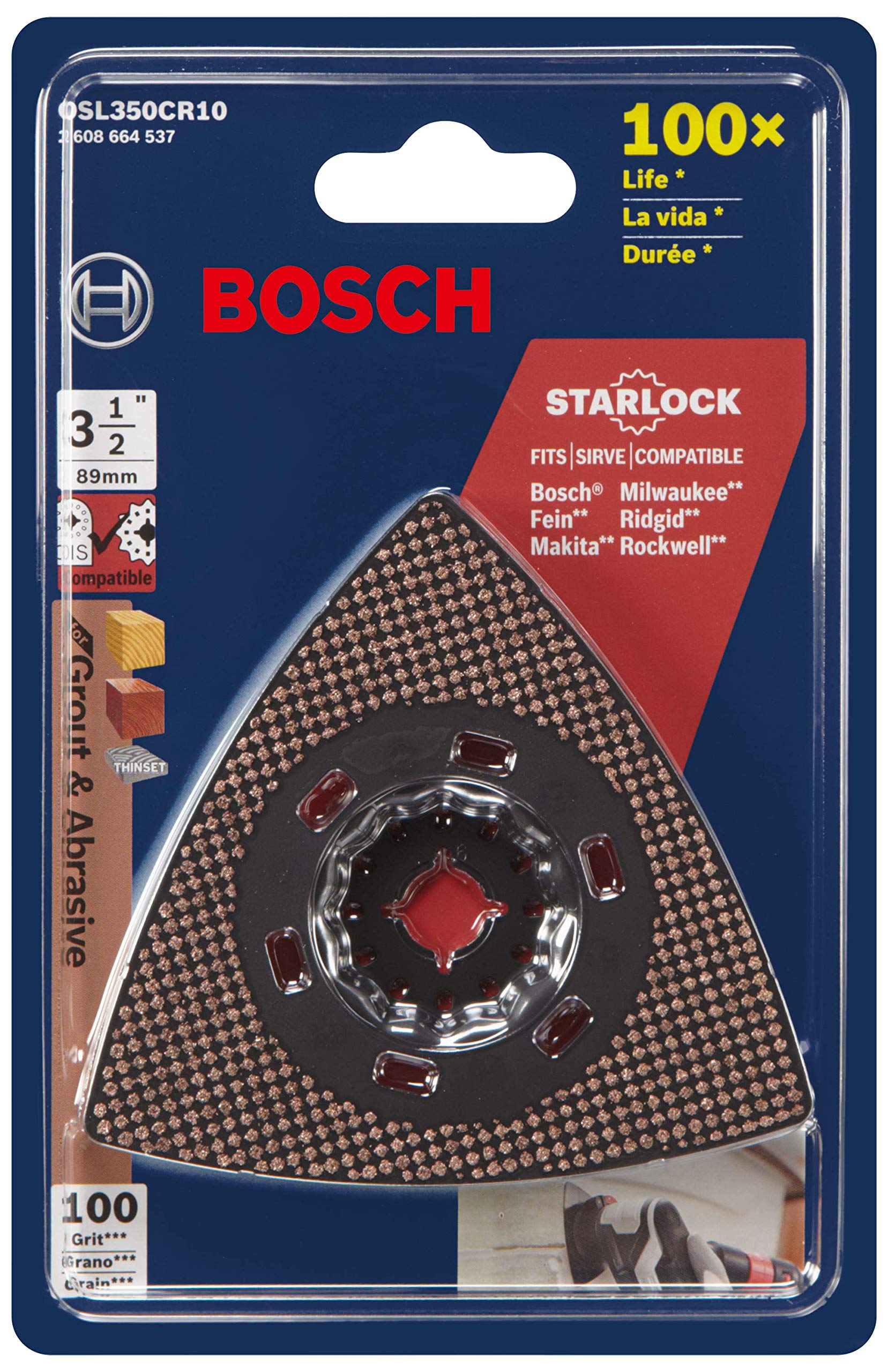 BOSCH OSL350CR10 1-Piece 3-1/2 In. Starlock Oscillating Multi Tool Grout & Abrasive Carbide 100 Grit Delta Sanding Pad for Sanding Applications in Wood, Wood with Paint and Thinset