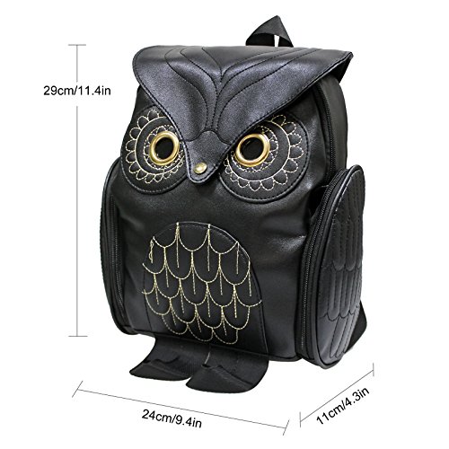 GinTai Women Pu Leather Owl Cartoon Backpacks Fashion Casual Satchel mini Small black Backpack, Black