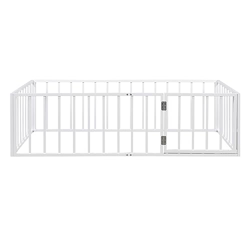 DNYN Twin Size Metal Floor Bed Frame with Door for Kids Bedroom,Metal Struture Bedframe w/Fence,No Box Spring Needed,77" x 41.1"x 21.7"H, White