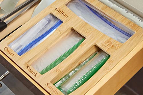Jaza Goods | Ziplock Bag Storage Organizer and Dispenser for Kitchen Drawer | Wall Mountable | Compatible with Gallon, Quart, Sandwich & Snack Size Bags