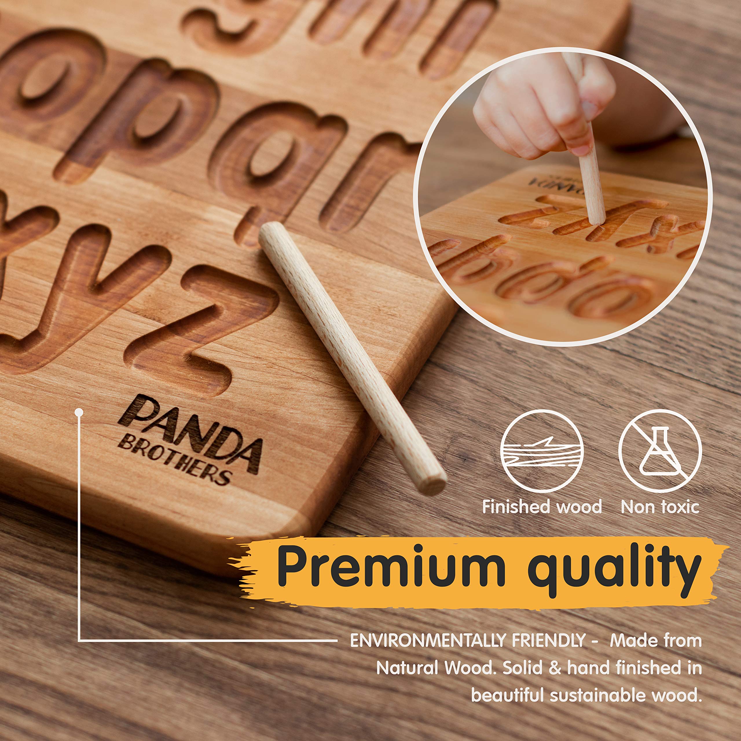Panda Brothers Wooden Alphabet Tracing Board - Wooden Montessori Toys for 3 4 5 Year Old Kids, Educational Toy for Kids, Reversible Uppercase and Lowercase Letters, Fine Motor Skills Toys, STEM Toys