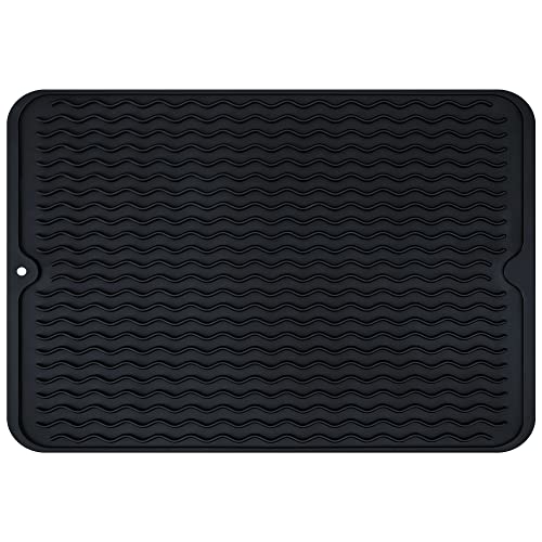 Rainspire Dish Drying Mats For Kitchen Counter, Silicone Dish Mat Drying Kitchen Mat, Food Grade Silicone Sink Drying Mat, Quick Dry Slip Resistant Kitchen Mats, 16x12inch, Black