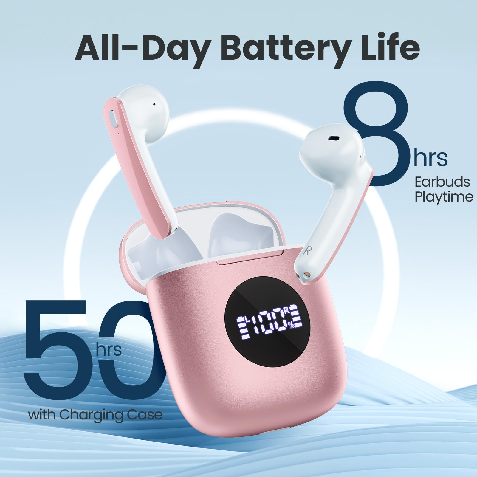 Bluetooth Headphones V5.3 Wireless Earbuds Ear buds with 50Hrs Battery Life Deep Bass Earphones with Wireless Charging Case & LED Power Display Waterproof Microphone Headset for TV Tablet Phone Pink