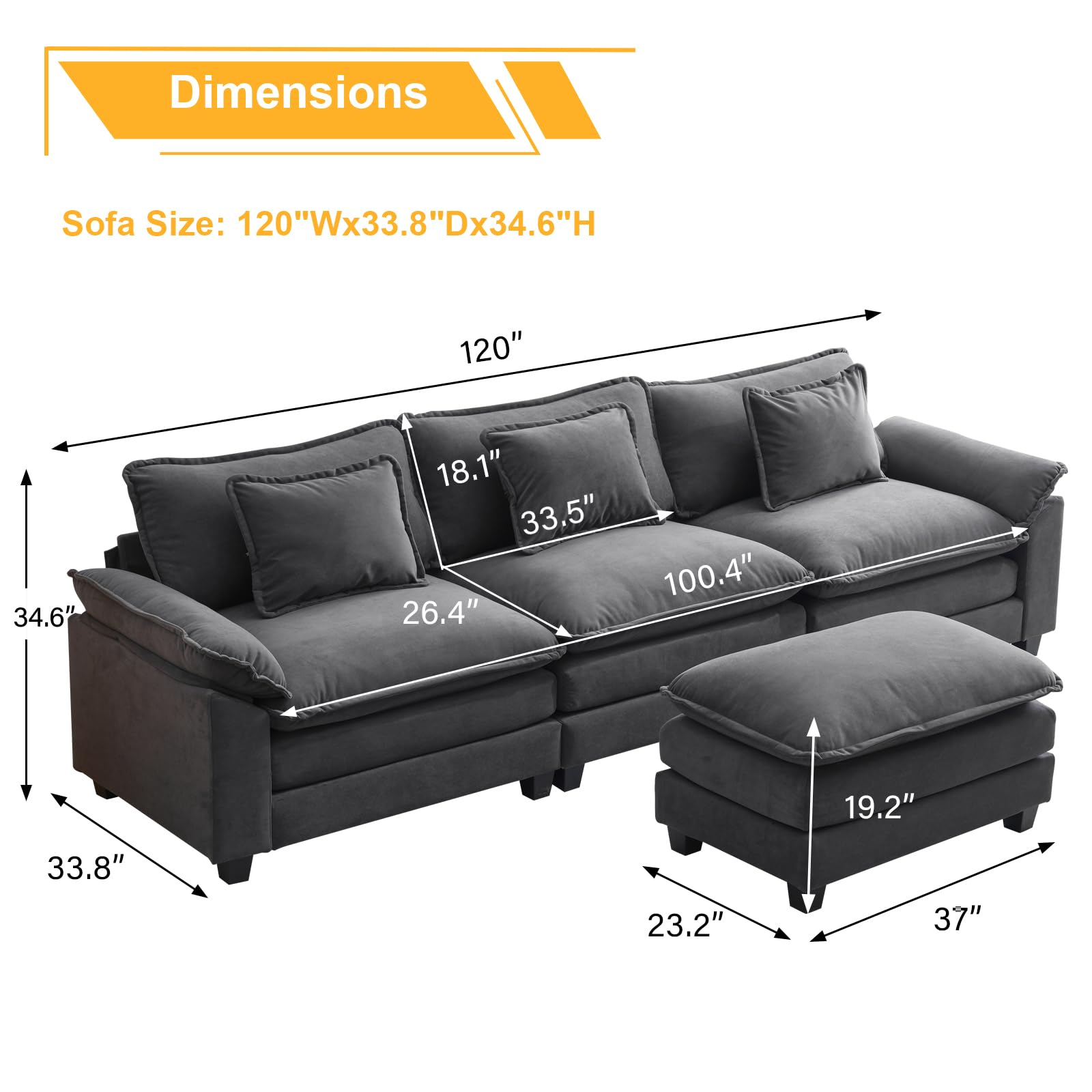 DRMBOOK 120" Modern Deep Cloud Couch Sectional with Ottoman, Velvet Sleeper Sofa Comfy Upholstered Couches for Living Room/Bedroom/Apartment/Office, Pillows Includes (Dark Grey)