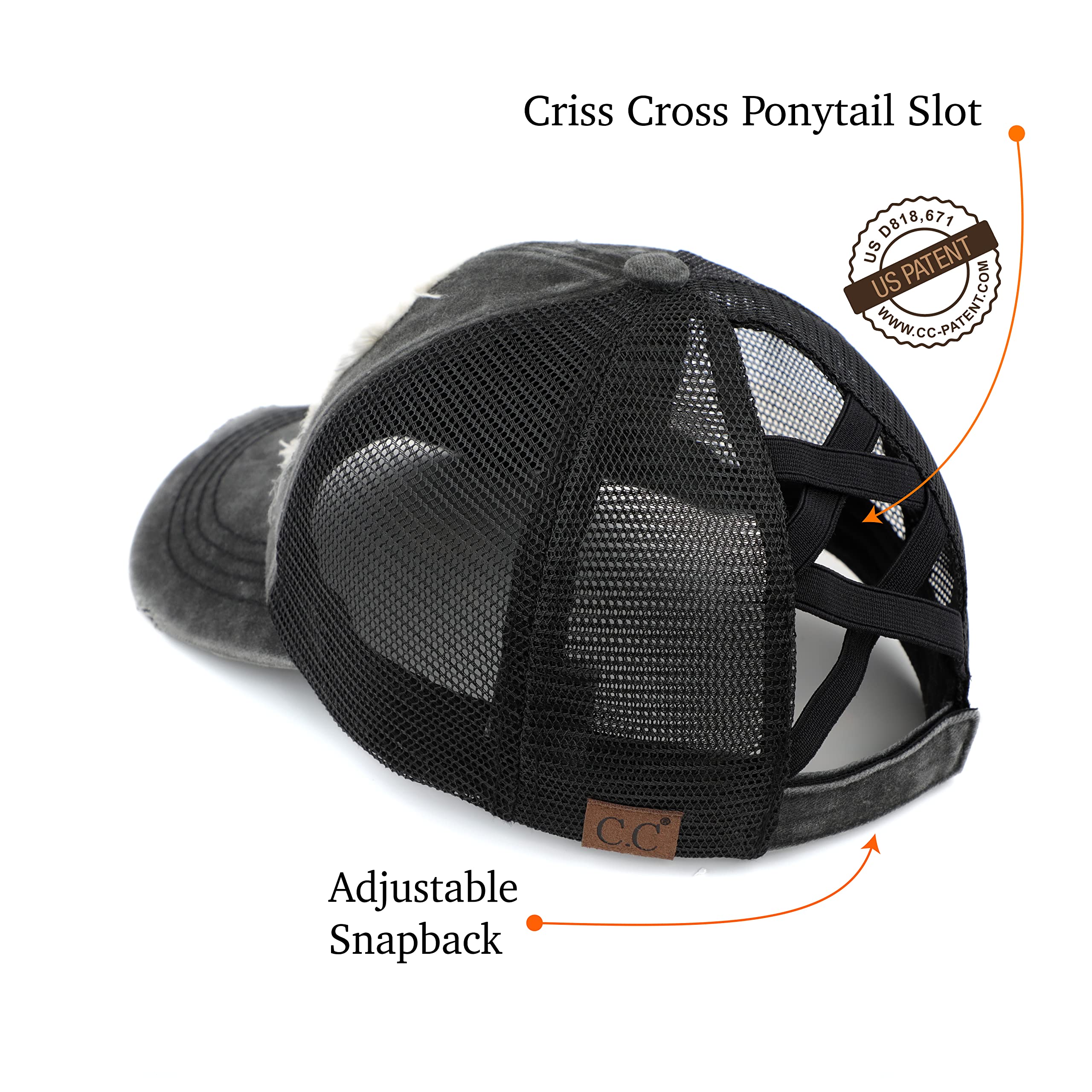 C.C Exclusives Washed Distressed Embroidered Patch Cotton Denim Criss-Cross Ponytail Hat Adjustable Baseball Cap (BT-1002) (A Elastic Band-Bee Happy Black)