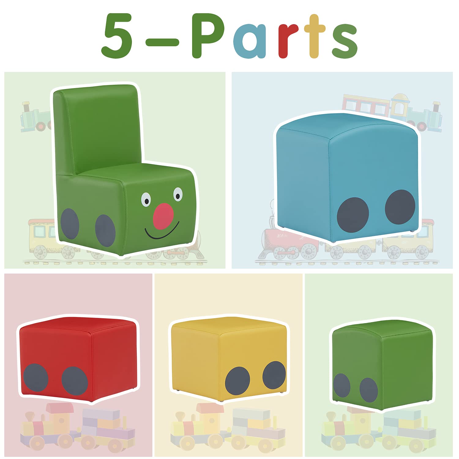 Kinfant Kids Sofa Baby Leather Chairs Toddler Colorful Flexible Soft Foam Stool Set, Suit for Toddlers and Kids, 5Pcs