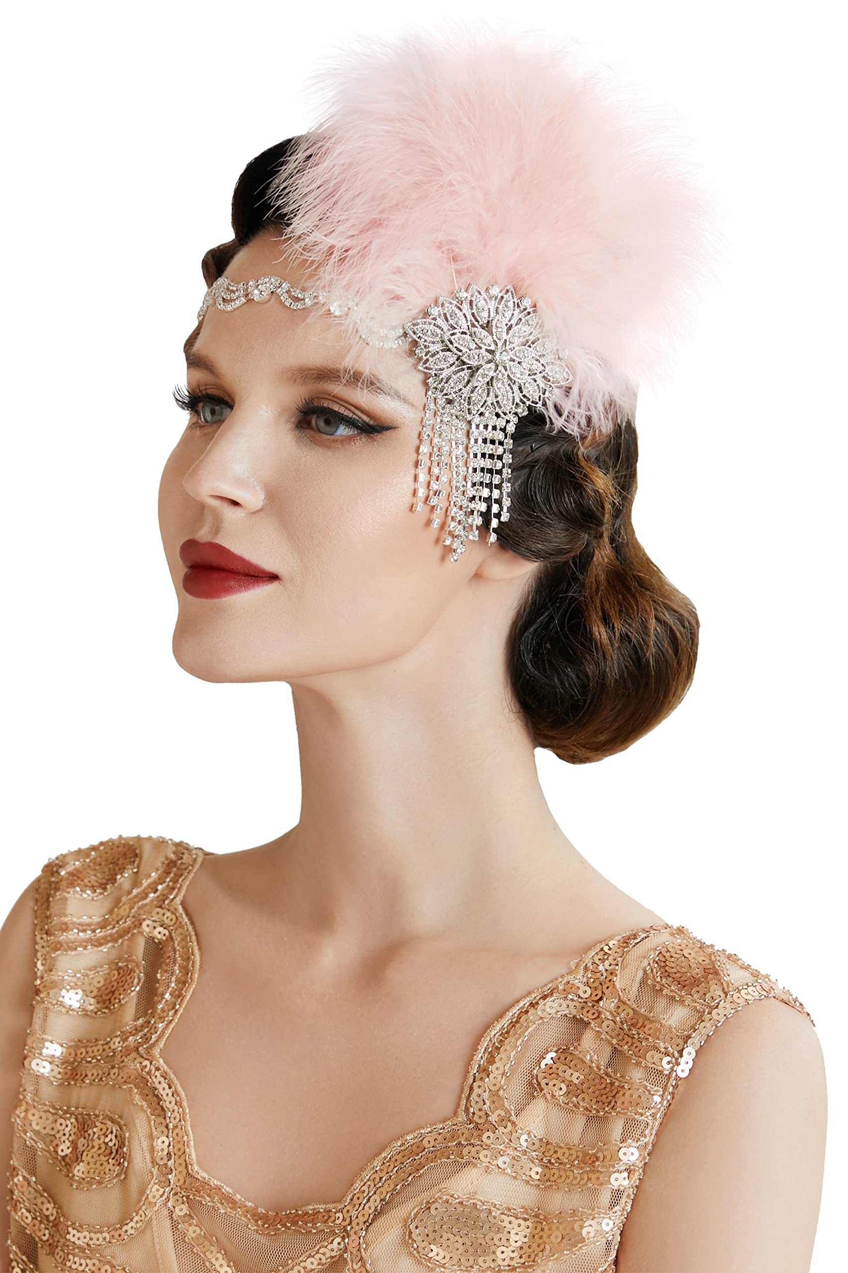 BABEYOND 1920s Flapper Headband Great Gatsby Headpiece with Feather 1920s Flapper Gatsby Hair Accessories Feather Headband (Pink)