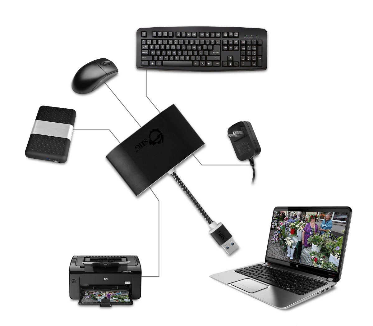 SIIG SuperSpeed 4 Port USB 3.0 Hub With 5V Power Adapter and Woven Braided USB - Powered Hub & Port Adapter