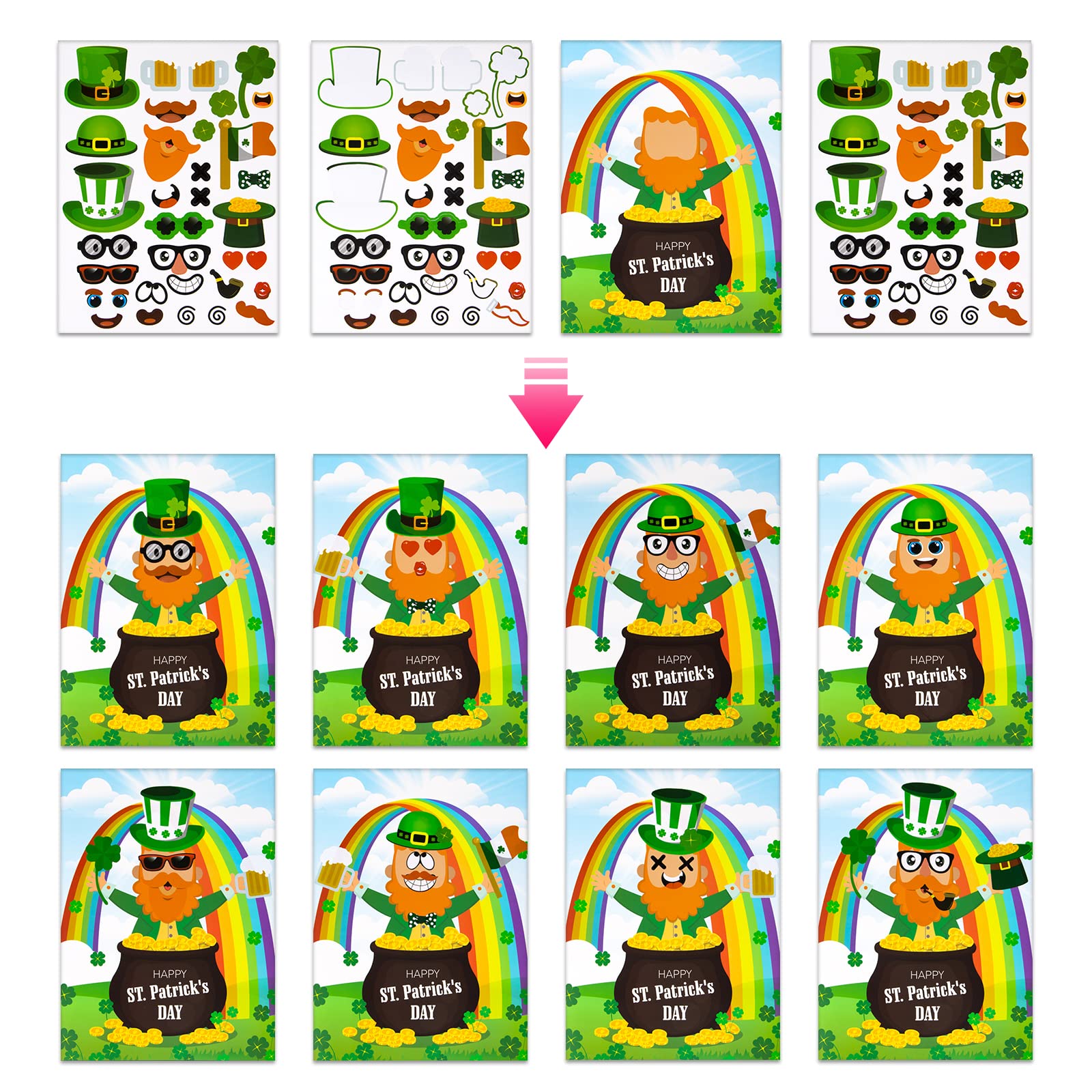 SICOHOME St. Patrick's Day Craft Sticker for Kids 12pcs Make Your Own Leprechaun Face Stickers St. Patricks' Day Party Game Activities for Kids Party Supplies Classroom Activities