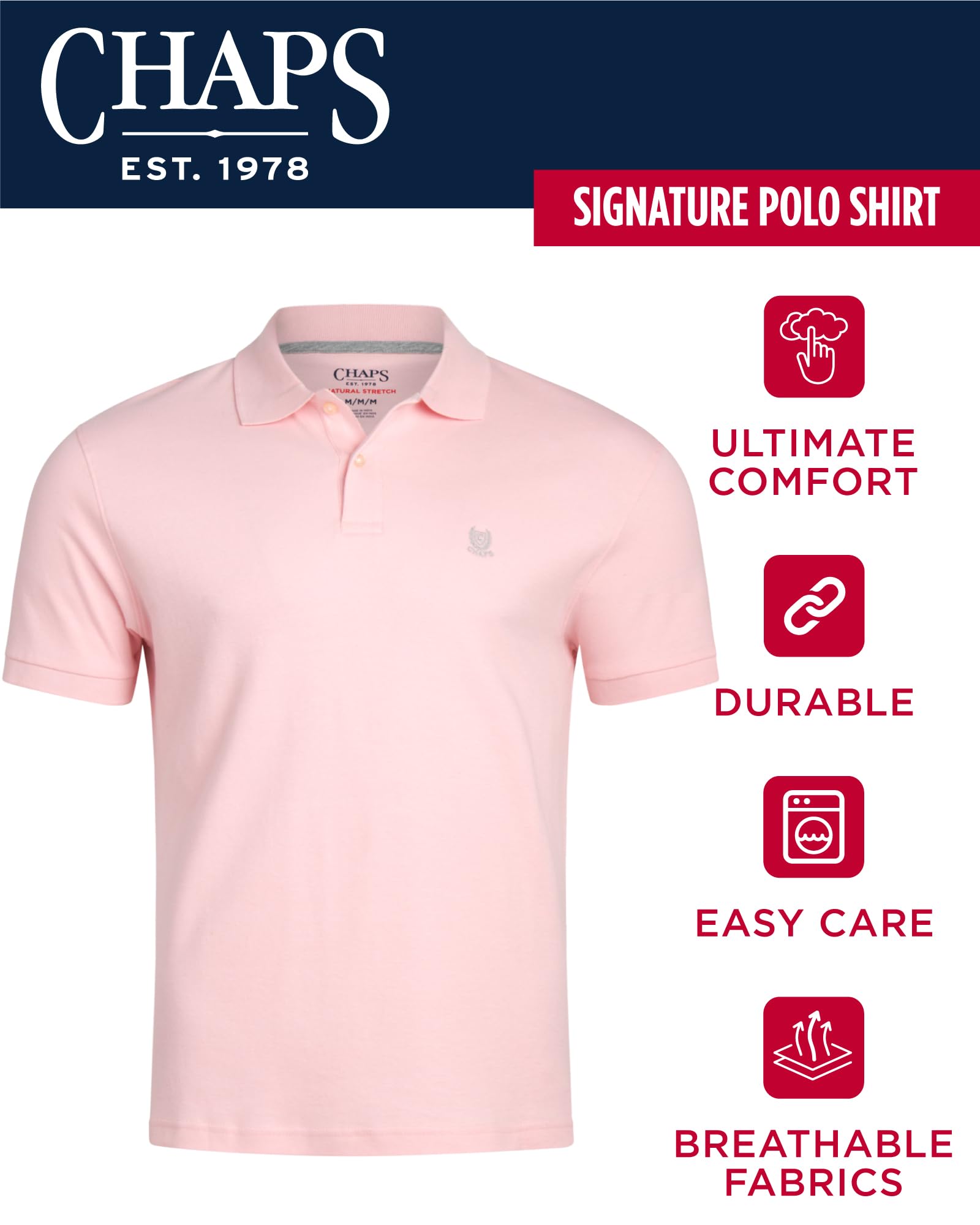 Chaps Men's Polo Shirt - Classic Fit Short Sleeve 2-Button Double Knit Cotton Polo Shirt (S-XL), Size Medium, Pink Carnation