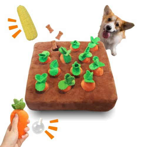 iFur 12 Squeaky Carrots Enrichment Dog Puzzle Toys, Hide and Seek Carrot Farm Dog Toys, 13''x13'' Carrot Patch Dog Snuffle Toy for Small Medium and Large Dogs (12 Squeaky Carrots + Corn)