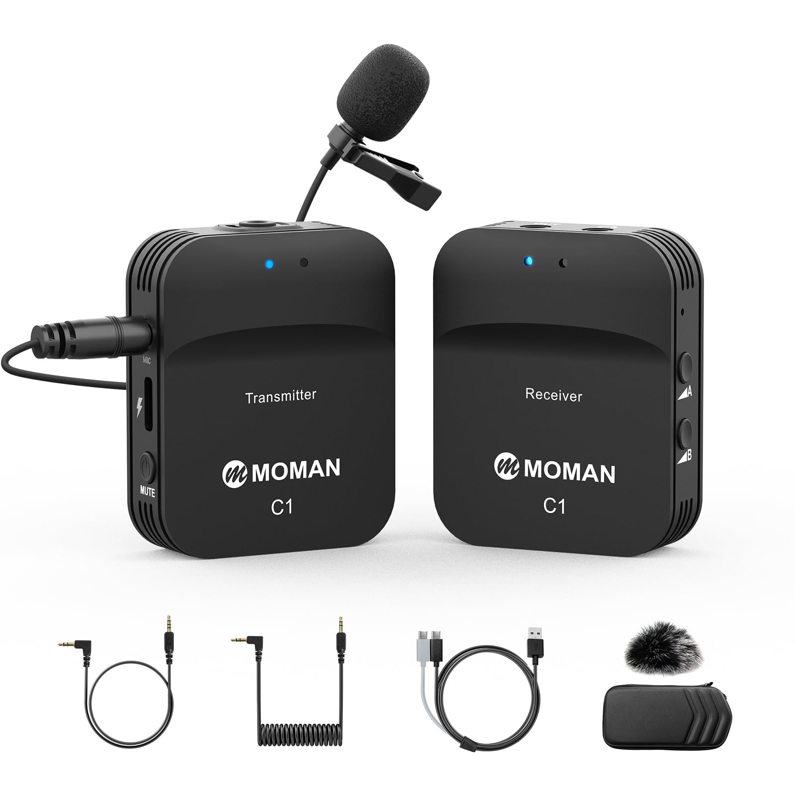 Moman Wireless Lavalier Microphone, 2.4GHz Compact Wireless Lapel Mic System with Noise Cancellation Transmission 8H Battery Life for DSLR Cameras/Smartphone/Tablet/Live Streaming (C1 Solo)