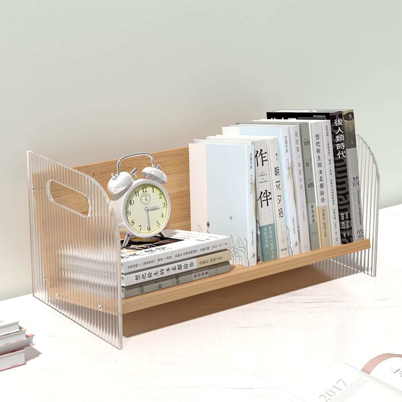 Desktop Bookshelf, Tilted Mini Bookshelf for Desk, Elegant Tabletop Bookshelf(Acrylic and Wooden ), Book Shelf for Books Magazine CD, Tiny Bookshelf and Storage Rack in Living Room/Office/Home.