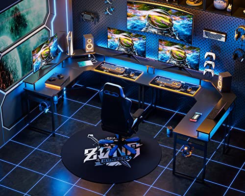 ODK L Shaped Gaming Desk with LED Lights & Power Outlets, 51" Computer Desk with Full Monitor Stand, Corner Desk with Cup Holder, Gaming Table with Hooks, Black Carbon Fiber