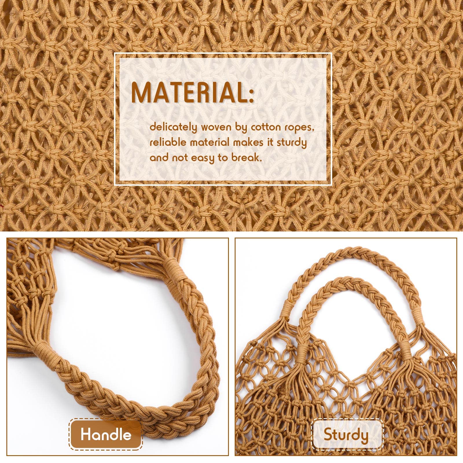 Travel Beach Fishing Net Handbag Woven Shoulder Bag Cotton Rope Macrame Bag Mesh Beach Bag Crochet Knit Purse for Women(Camel)