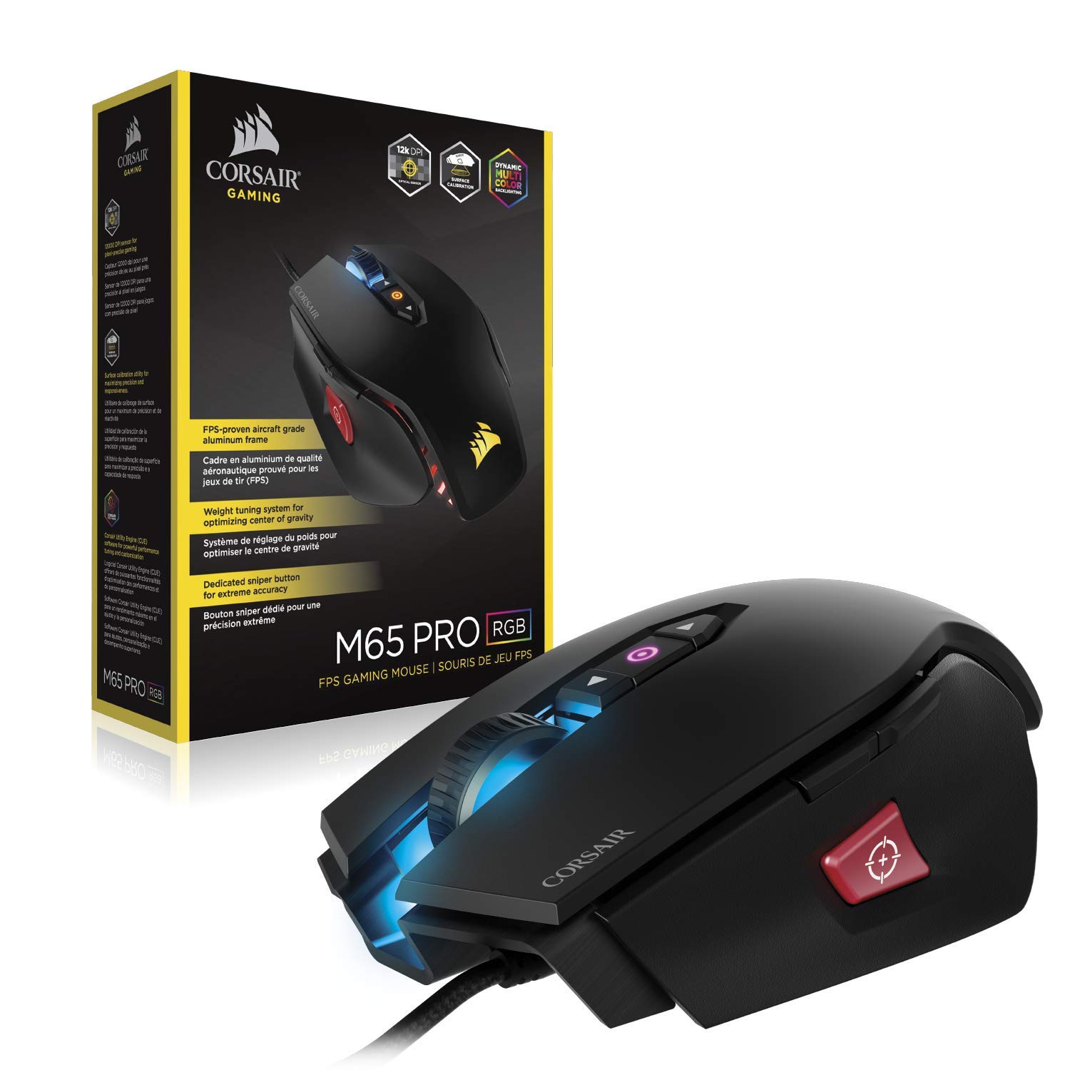 CORSAIR M65 Pro RGB - FPS Gaming Mouse - 12,000 DPI Optical Sensor - Adjustable DPI Sniper Button - Tunable Weights - Black (CH-9300011-NA)