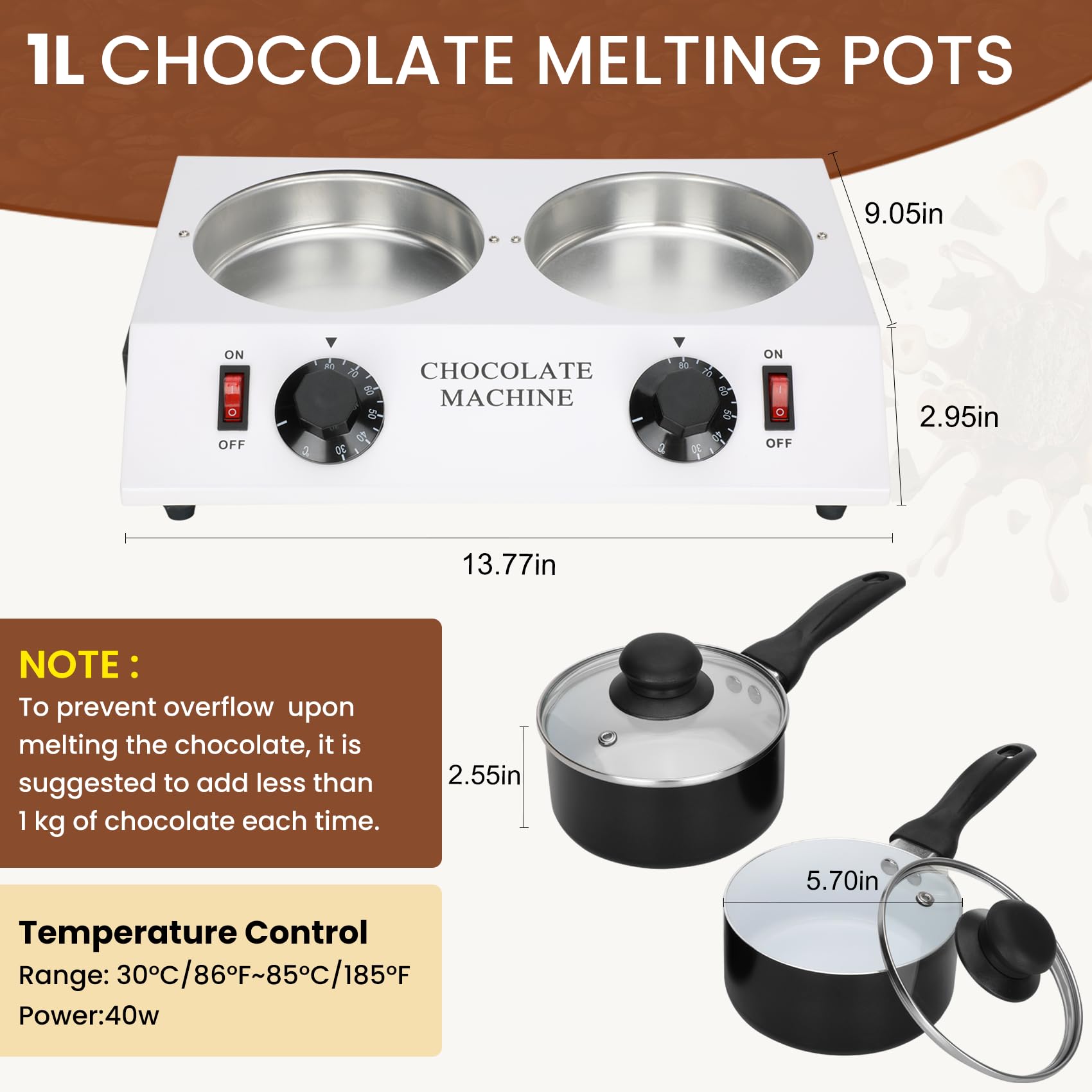 Dual Chocolate Melting Pots with Independent Temperature Controls Chocolate Tempering Machine with Removable Pots for Fast, Precise Melting and Heating of Chocolate, Candy, Butter, Cheese