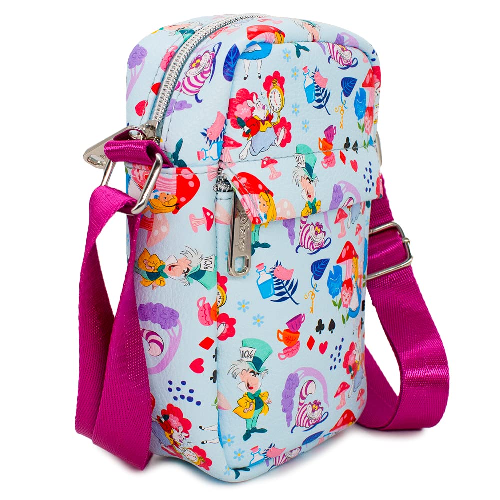 Buckle Down Disney Bag, Cross Body, Alice in Wonderland Character Collage and Icons Scattered, Vegan Leather