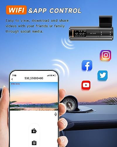 Dash Cam 4K WiFi Front Dash Camera for Cars, E-YEEGER Car Camera 2160P Wireless Mini Dashcams with App, Driving Recorder with 24H Parking Mode, Night Vision, G-Sensor, Free 32G Card, Support 256G Max