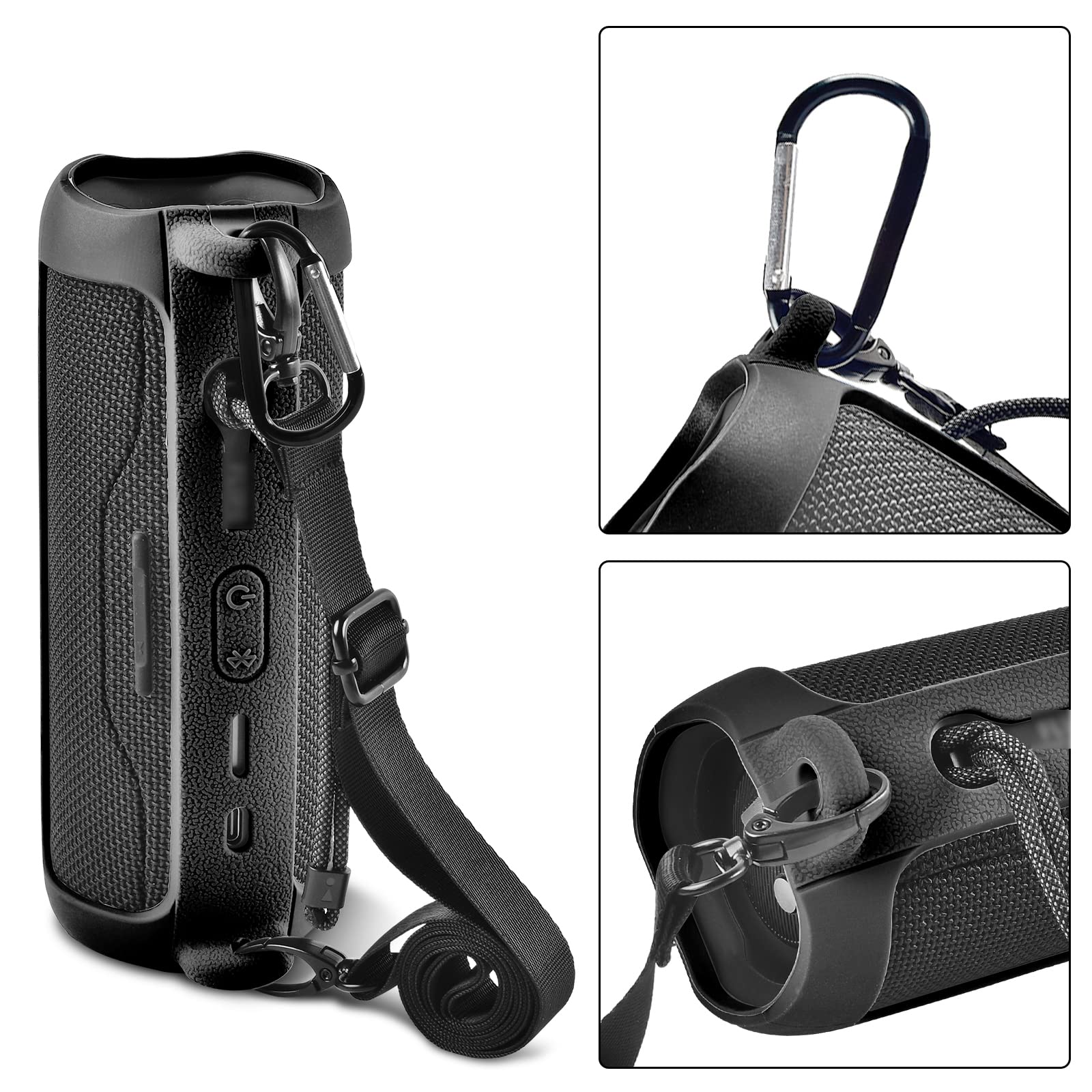 Silicone Case for JBL FLIP 6 Waterproof Portable Bluetooth Speaker, Gel Soft Skin Rubber Cover, Travel Carrying Storage Bag Pouch with Shoulder Strap and Carabiner - Black