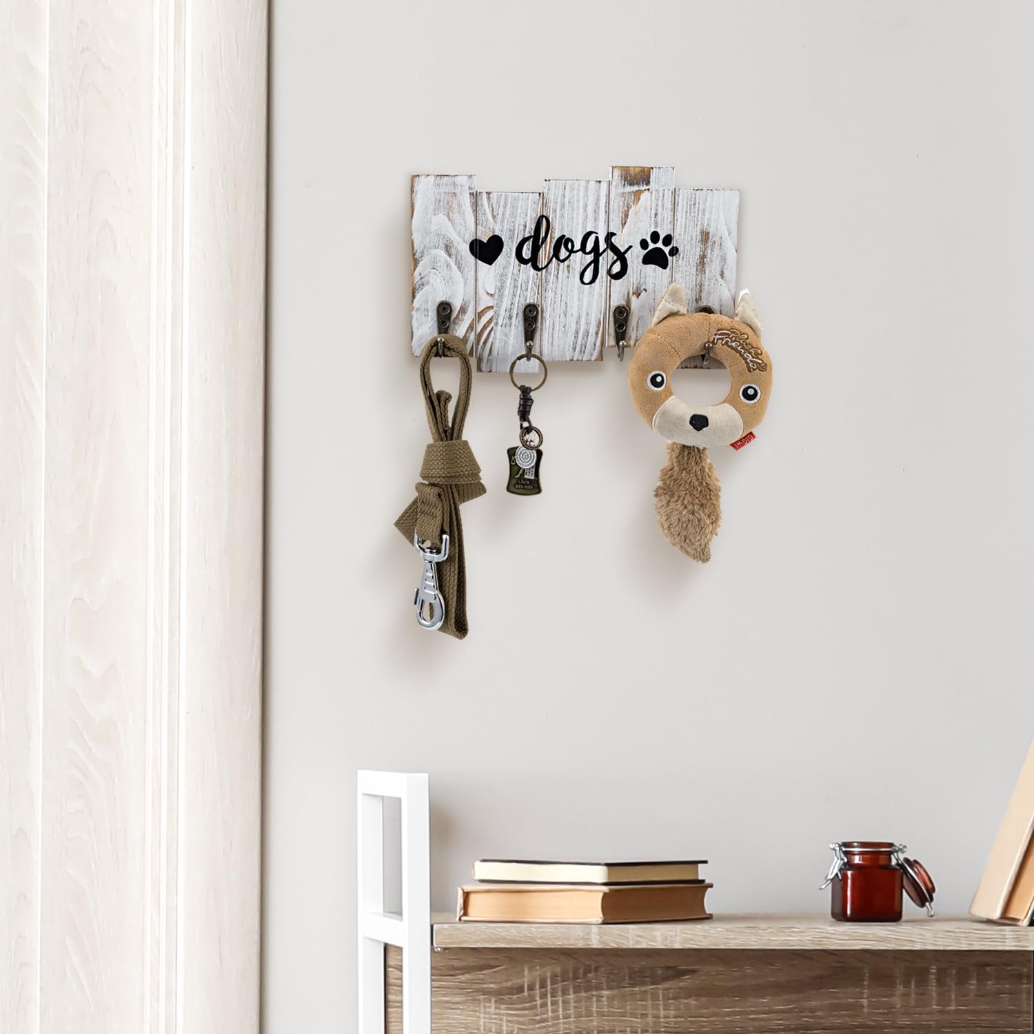 MyGift Wall Mounted Dog Leash Holder, 4-Hook Rustic Whitewashed Wood Hanging Key Hook Rack with Cursive Dogs Label, Heart and Paw Print Decals