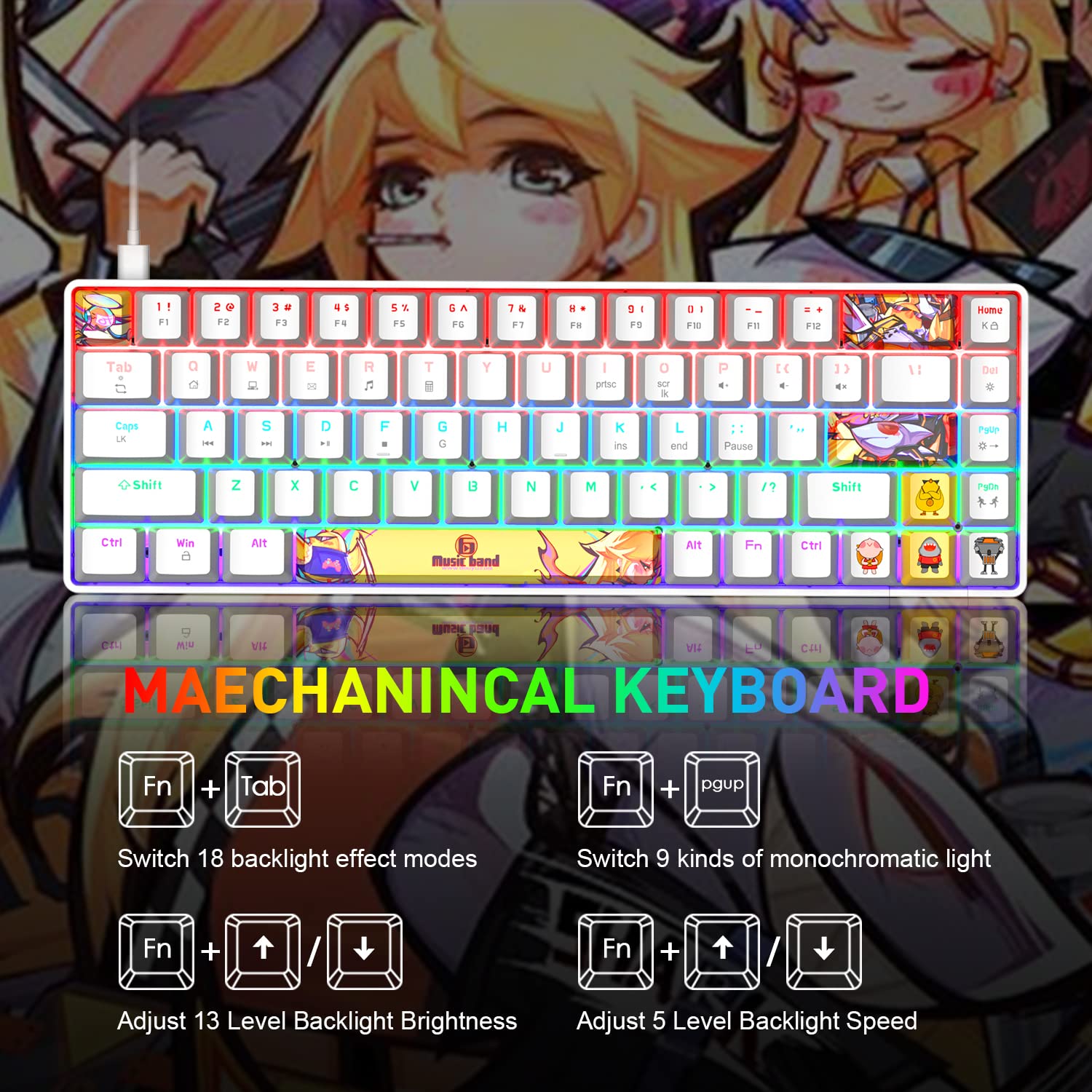 Portable 60% Mechanical Gaming Keyboard 18 Chroma RGB Backlit Ultra-Compact 68 Keys Dye Sublimation PBT Ergonomic Full Keys Anti-ghosting Compatible with PS4,PS5,PC,Gamers,Typist(White/Red Switch)