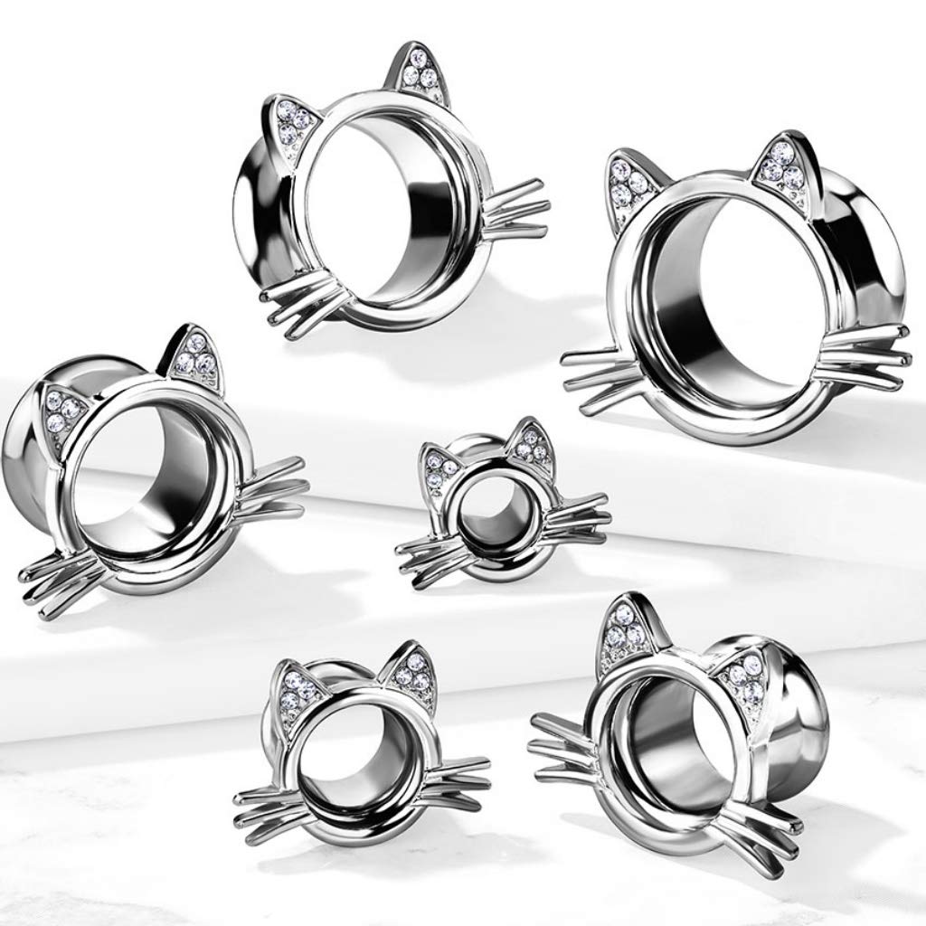 BODY DAZZ Pair 2G-16mm Kitty Cat Surgical Steel Ear Tunnels Plugs Double Flared (0G (8mm))