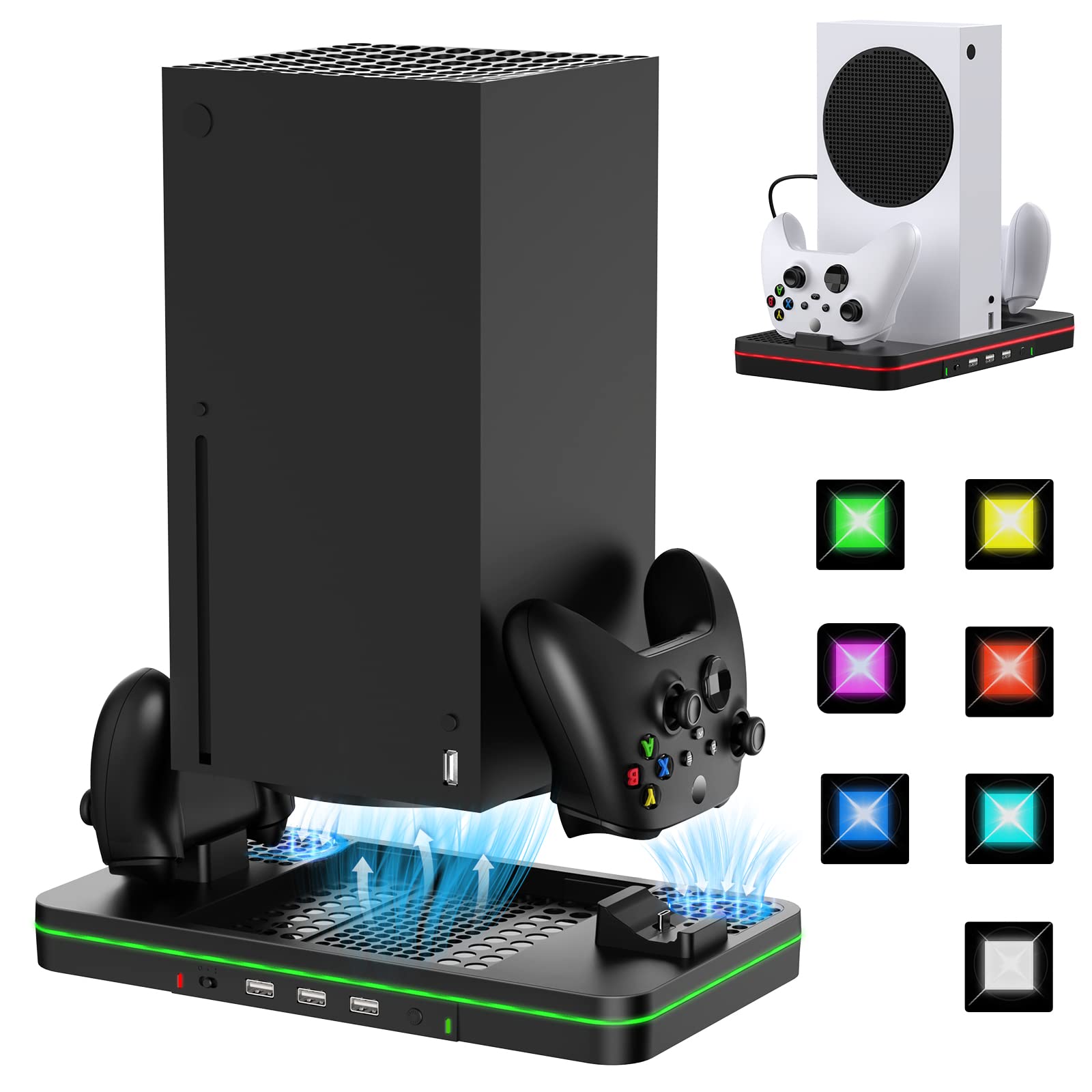 Charging Stand with Cooling Fan for Xbox Series X/S,Upgraded Vertical RGB lED Stand with Dual Controller Fast Charger Station Dock with 3 USB Ports & 7 Color Lights,2 Cooler Fans System Accessories