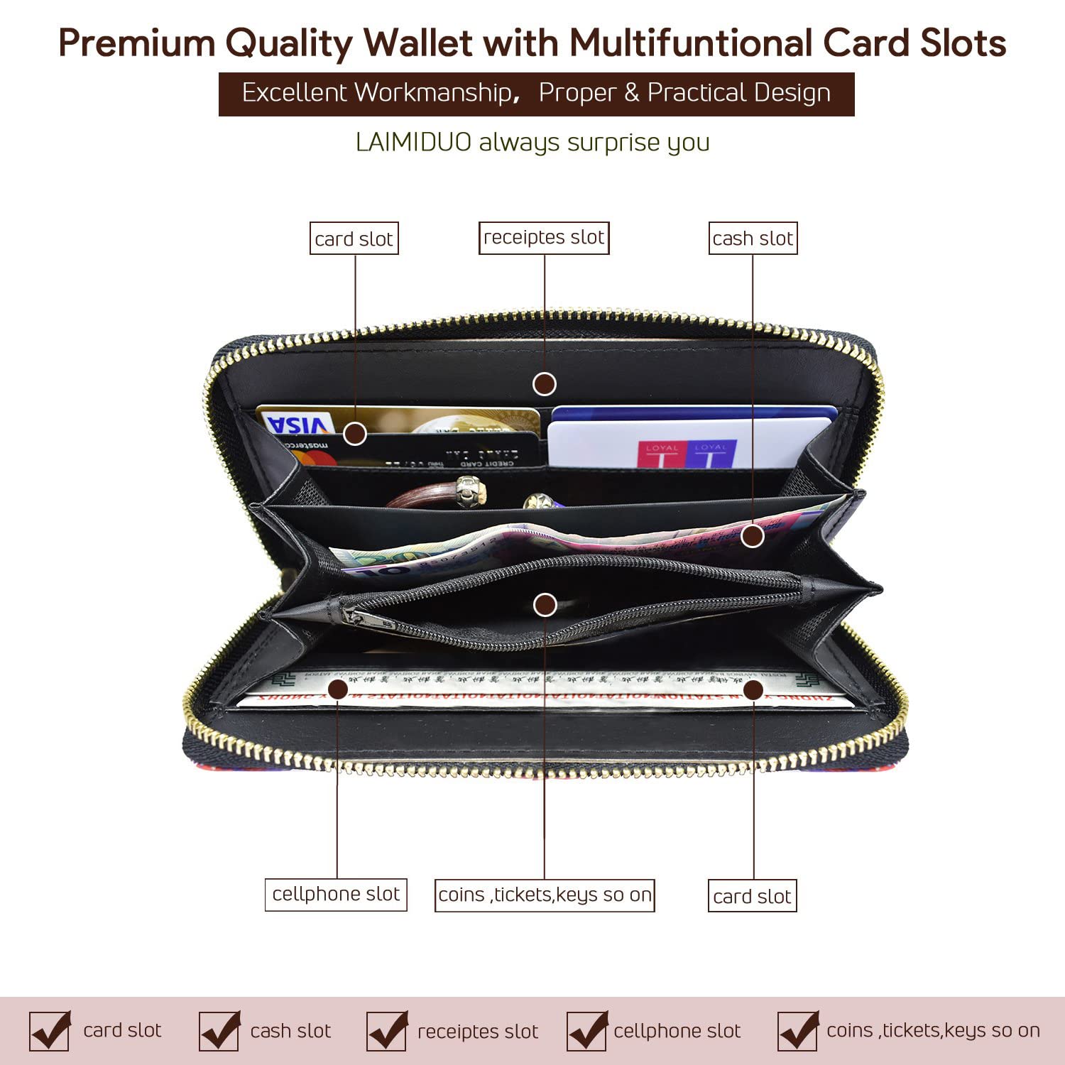 Laimi Duo Women's Skull Wallet Floral Leather RFID Blocking Purse Clutch Multi Card Case Phone Holder for Ladies