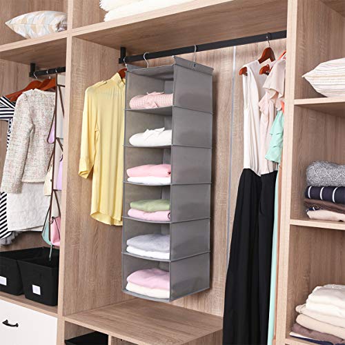 MAX Houser 6 Tier Shelf Hanging Closet Organizer, Closet Hanging Shelf with 2 Sturdy Hooks for Storage, Foldable,Black and Light Grey