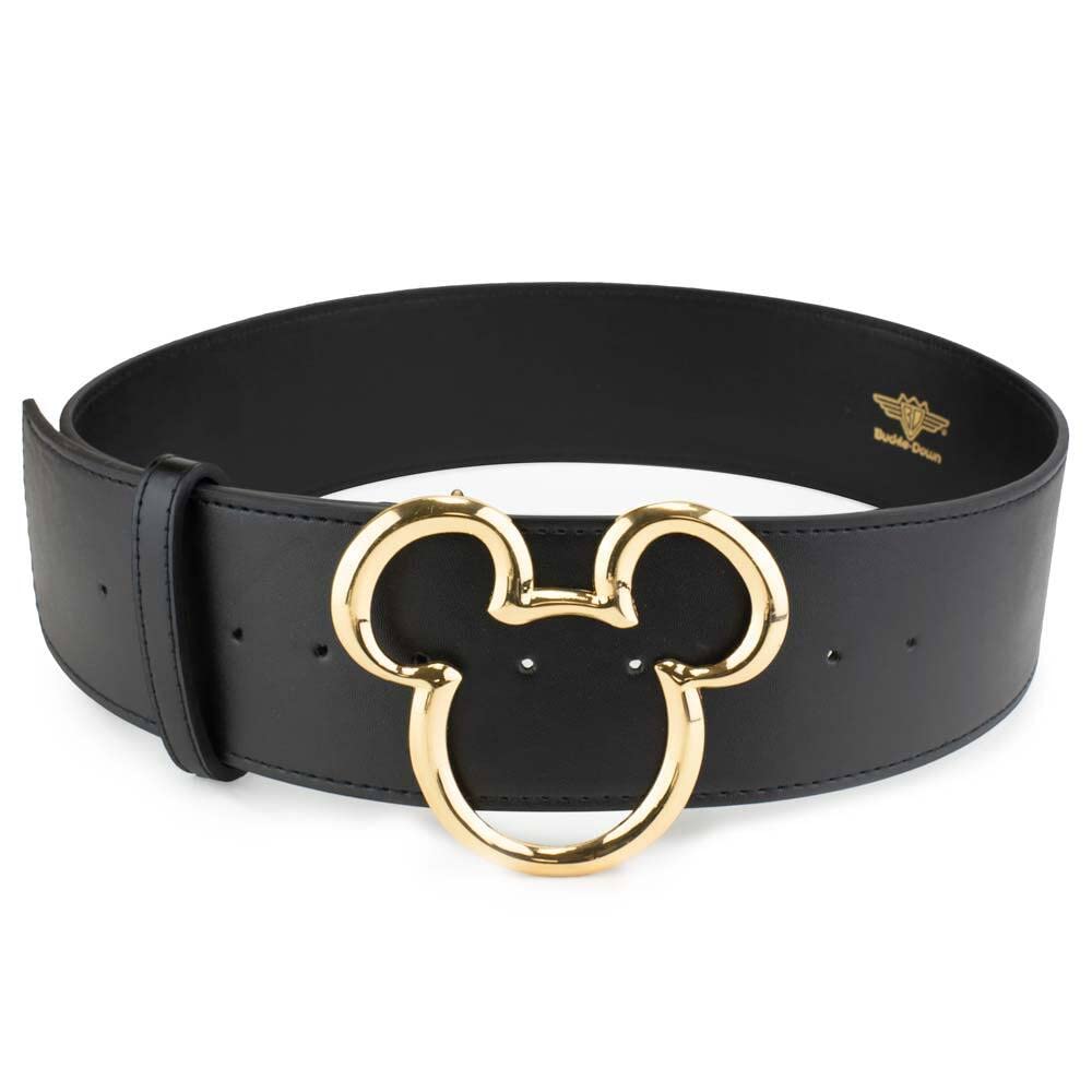 Buckle-Down Men's Disney Ears Gold Cast, Black Vegan Leather Belt, Mickey Mouse, 1.5" Wide-Fits 34-40 Inches