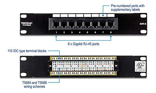 TRENDnet 8-Port Cat6 Unshielded Patch Panel, TC-P08C6, Rackmount, 10 Inch Wide, 8 x Gigabit RJ-45 Ethernet Ports, Pre-Numbered Ports, 250 Mhz Connection, Color Coded Labeling,